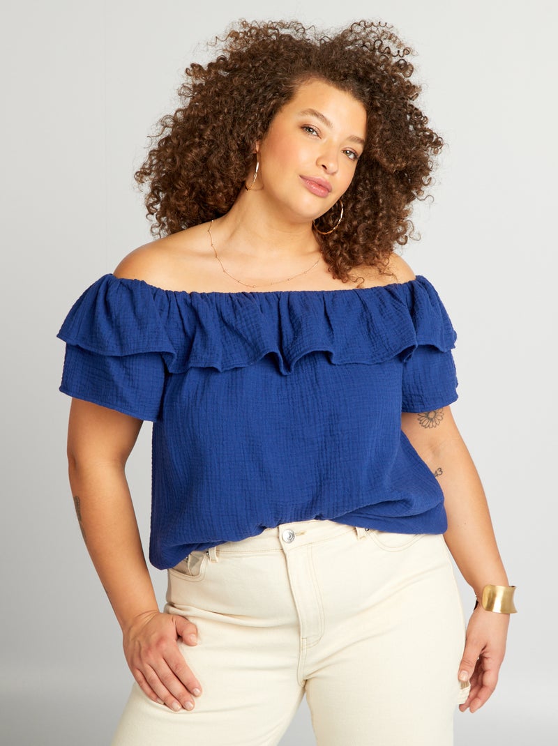 Blusa In Garza Di Cotone Con Scollo Bardot Blu Kiabi 1800€