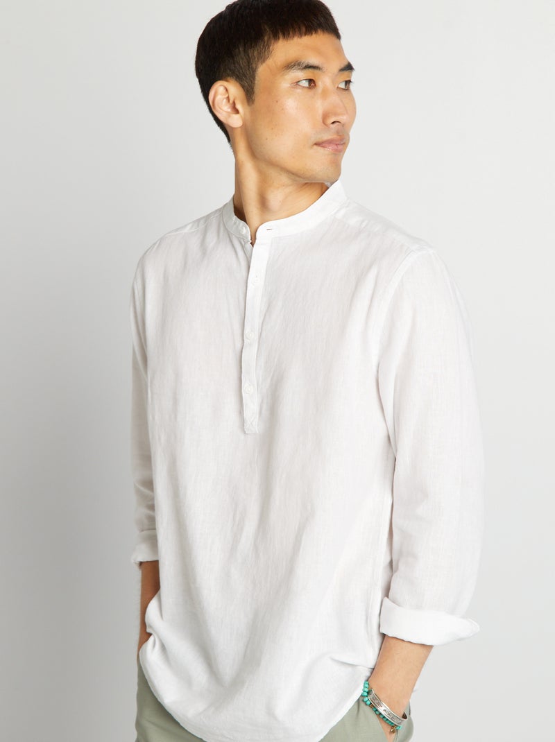 Camicia Dritta Con Collo Alla Coreana In Misto Lino Bianco Kiabi