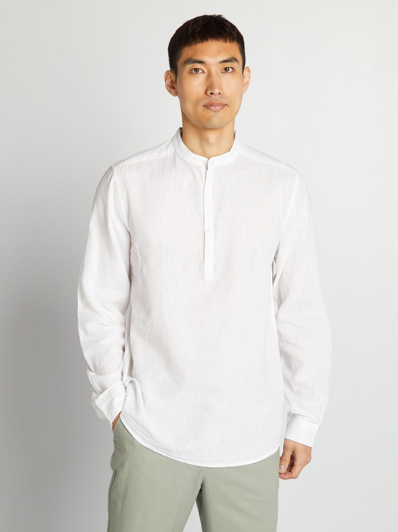 Camicia Dritta Con Collo Alla Coreana In Misto Lino Bianco Kiabi