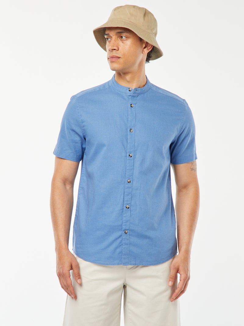 Camicia tinta unita maniche corte collo alla coreana - BLU - Uomo - 17. ...