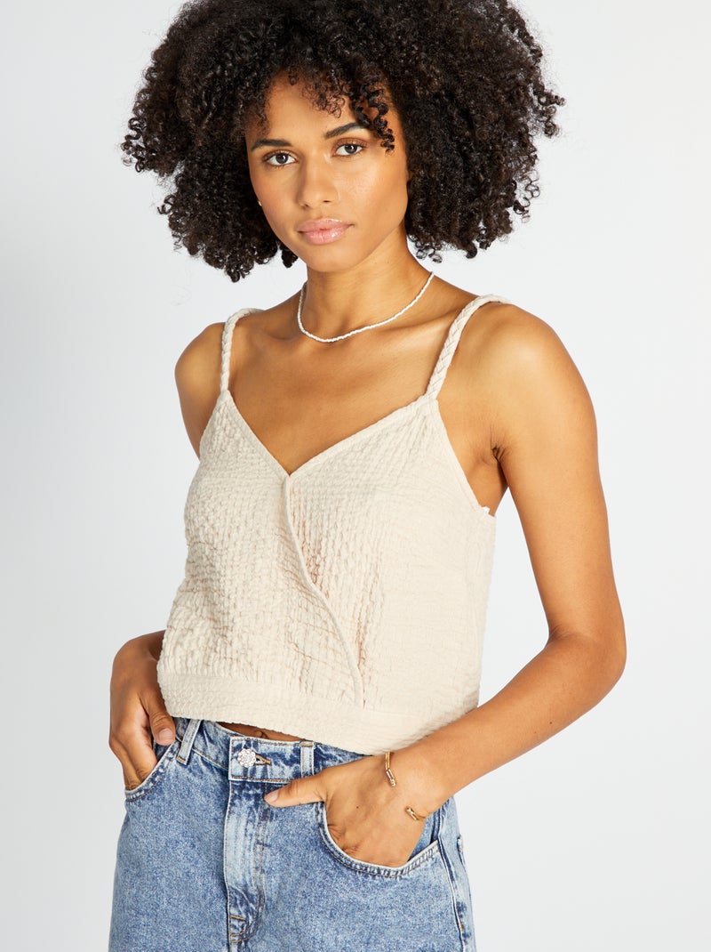 Crop Top In Garza Di Cotone Con Spalline Intrecciate Beige Kiabi