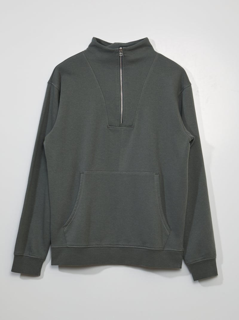 Felpa In Tessuto Felpato A Collo Alto Con Zip Grigio Verde Kiabi