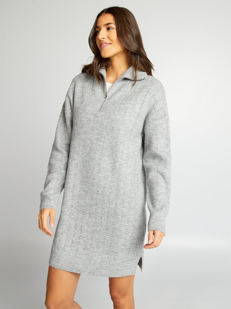 Maxi Pull In Maglia Pointelle A Collo Alto Con Zip Grigio Chiaro