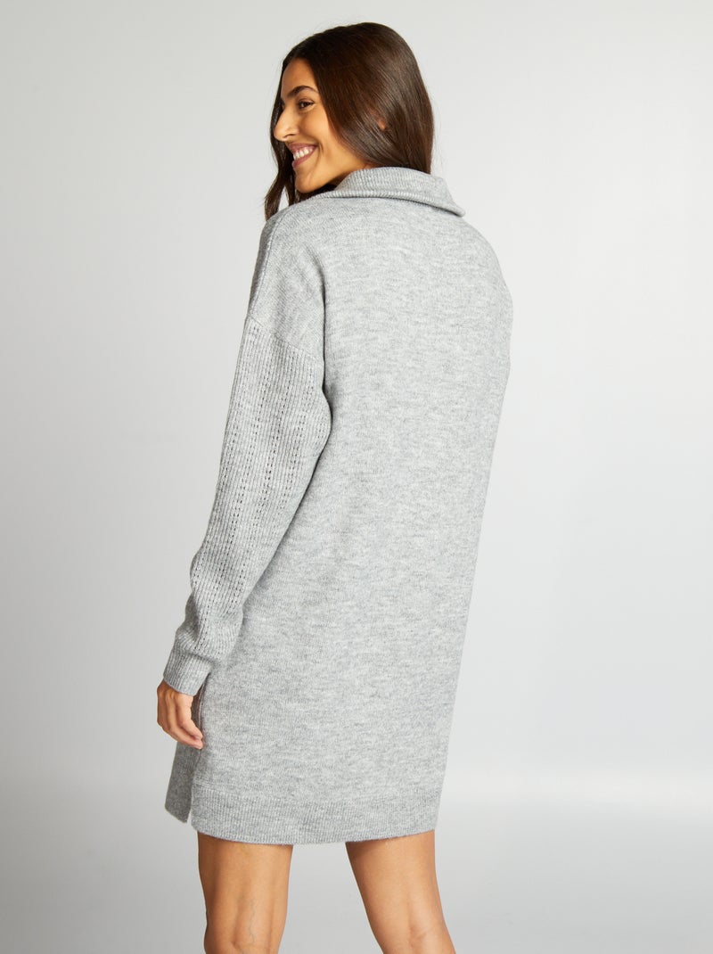 Maxi Pull In Maglia Pointelle A Collo Alto Con Zip Grigio Chiaro