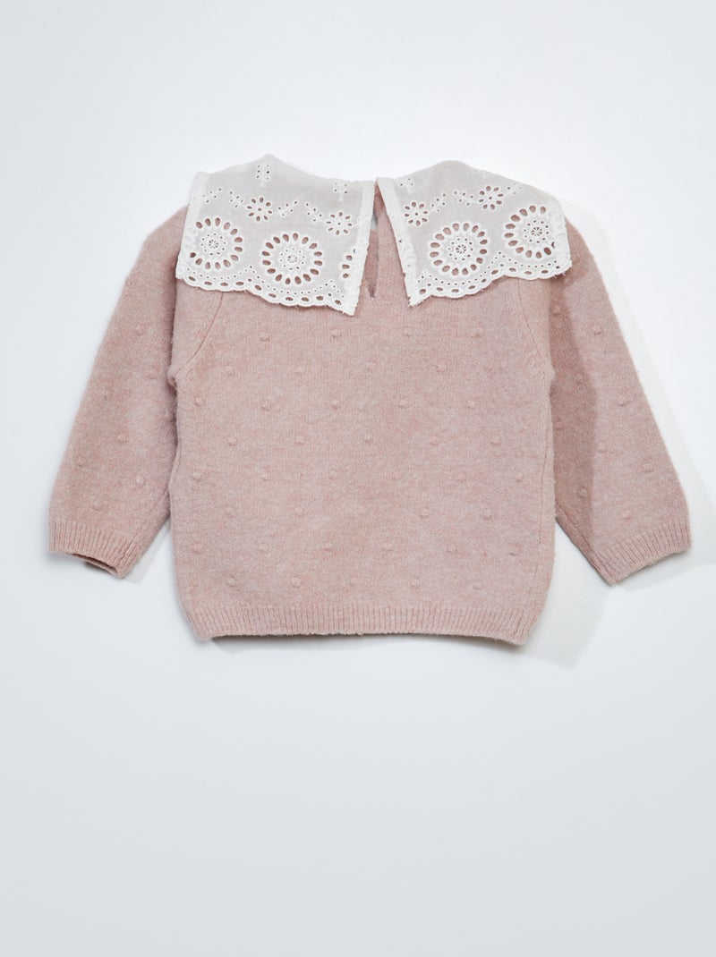 Pullover In Maglia Tricot Colletto Con Ricamo Punto Inglese Rosa