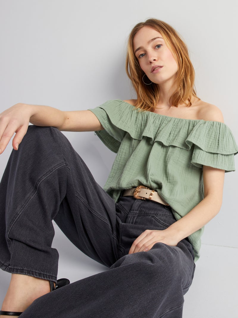 Top Con Scollo Bardot In Garza Di Cotone Verde Kiabi 1500€